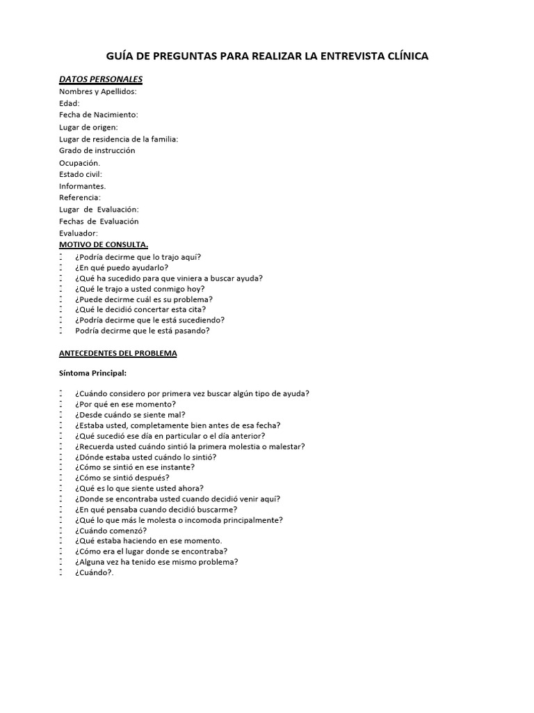 Guía de Preguntas Para Realizar La Entrevista Clínica | Descargar gratis PDF | Sicología ...