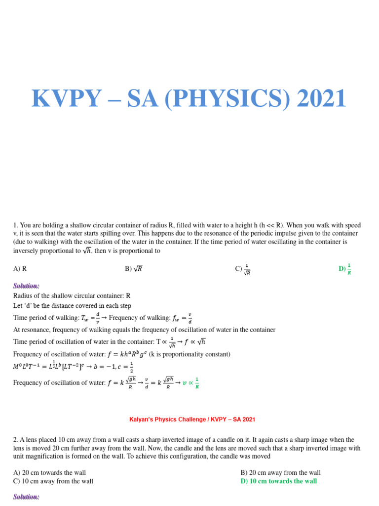 KVPY - SA 2021 Solution | PDF | Refraction | Acceleration