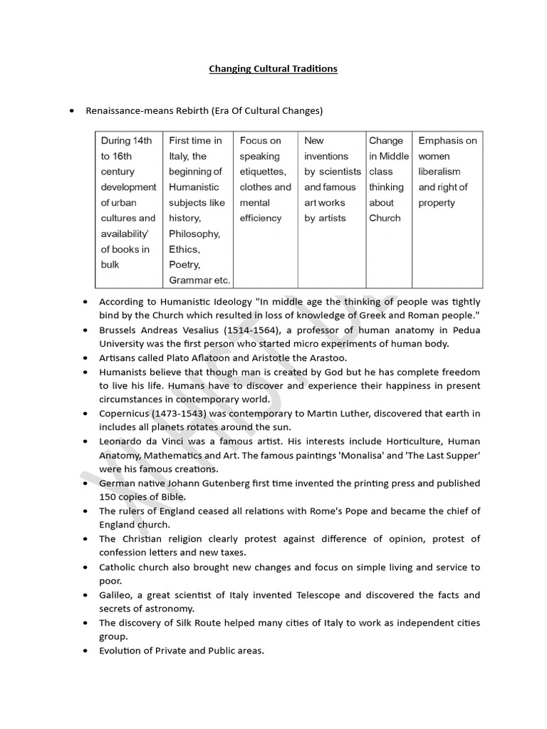 Changing Cultural Traditions - Notes | PDF