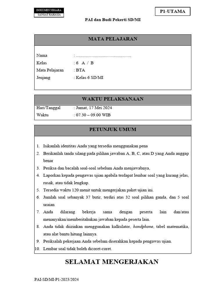 SOAL BTA Kelas 6 2024 | PDF