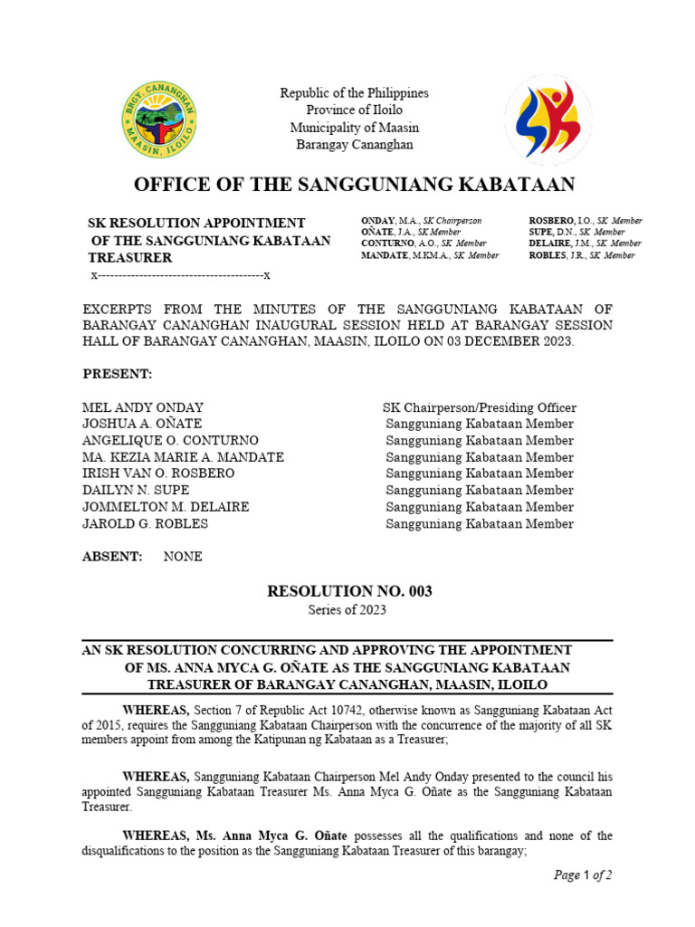 Resolution No. 3 - Appointment of SK Treasurer | PDF | Youth Organizations