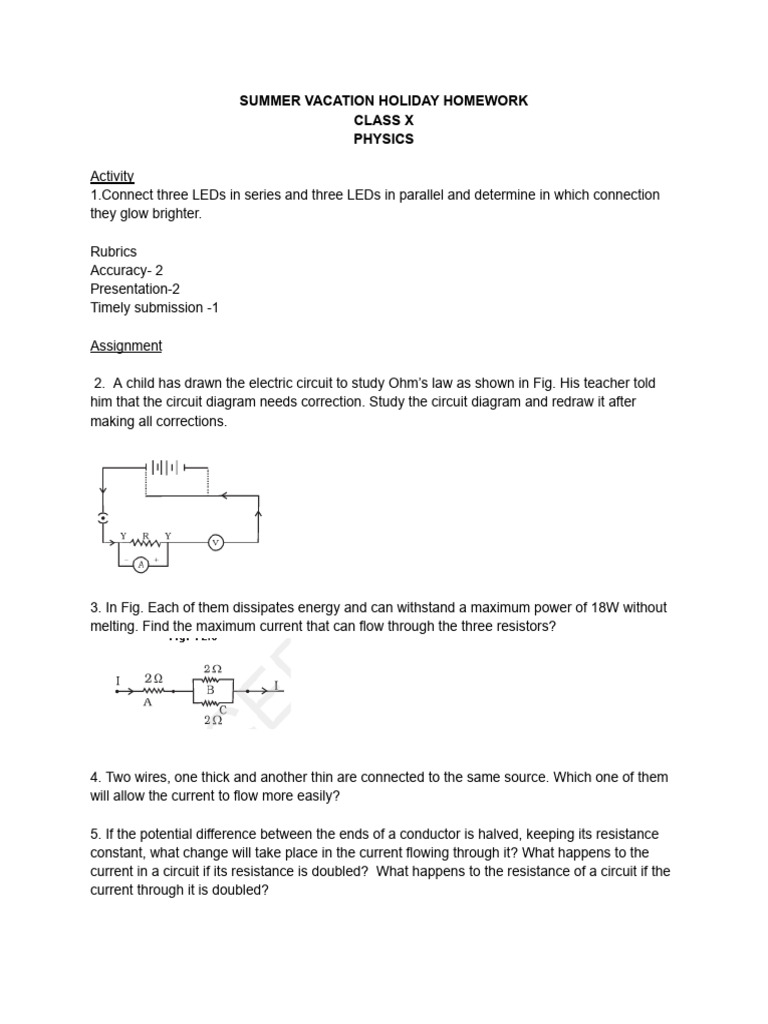 Summer Vacation HHW X 2024 Physics | PDF | Electrical Resistance And Conductance | Resistor