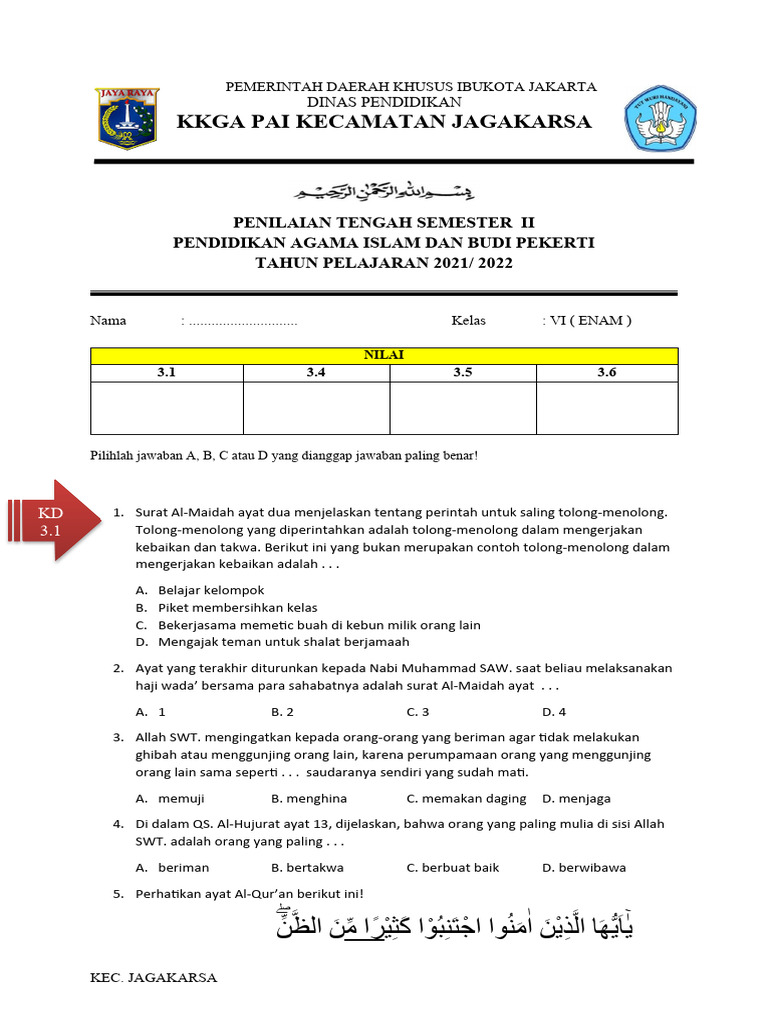 Soal PTS Pai KLS 6 SMTR 2 - 2022 | PDF
