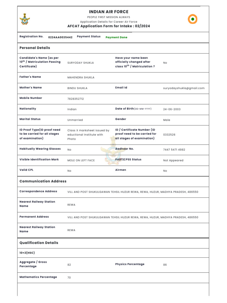 Indian Air Force: AFCAT Application Form For Intake: 02/2024 | PDF