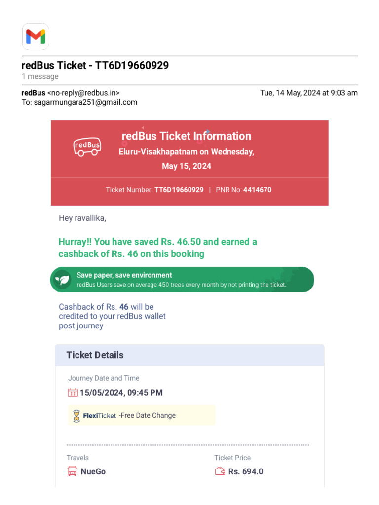 Gmail - RedBus Ticket - TT6D19660929 | PDF | Bus