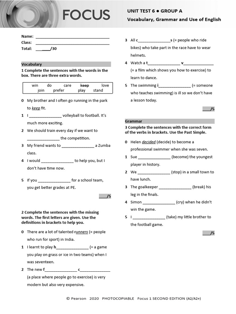 Unit Test 6: Vocabulary & Grammar A2 | PDF | Grammar | Linguistics