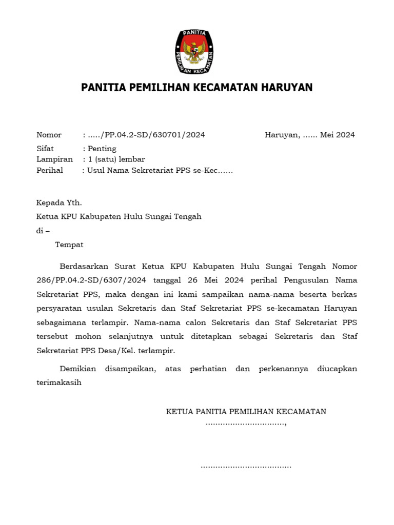 FORMAT CONTOH SURAT PPK Usulan Sekretariat PPS | PDF