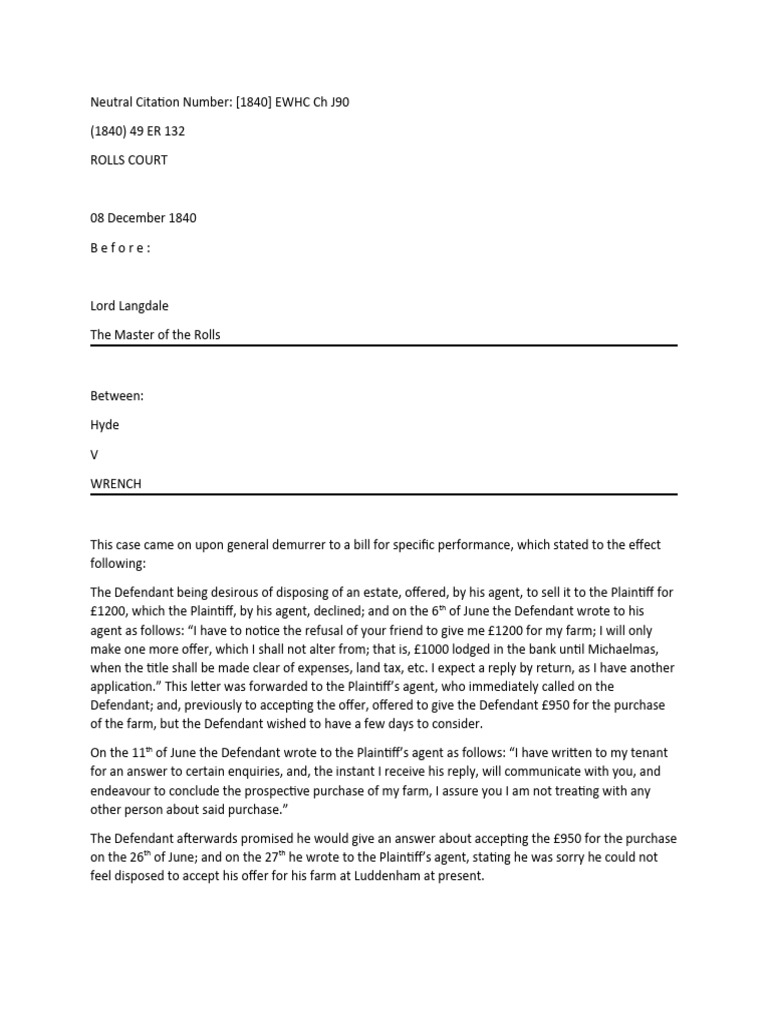 Hyde v Wrench Case Summary 1840 | PDF | Common Law | Justice