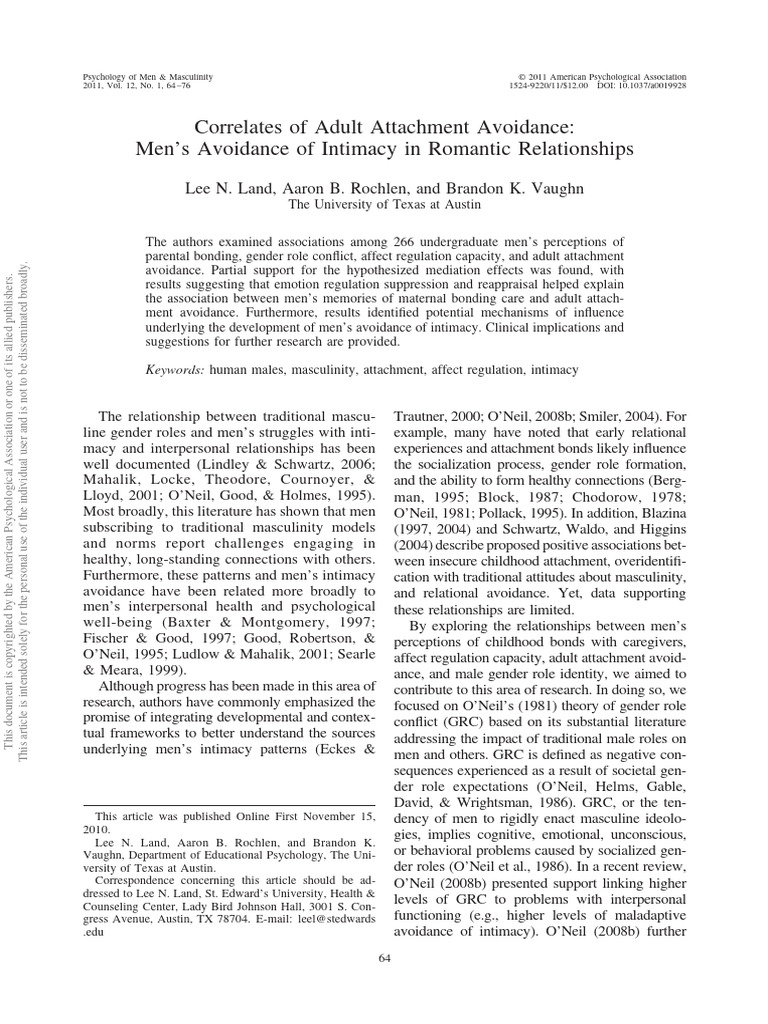 Correlates of Adult Attachment Avoidance: Men's Avoidance of Intimacy ...