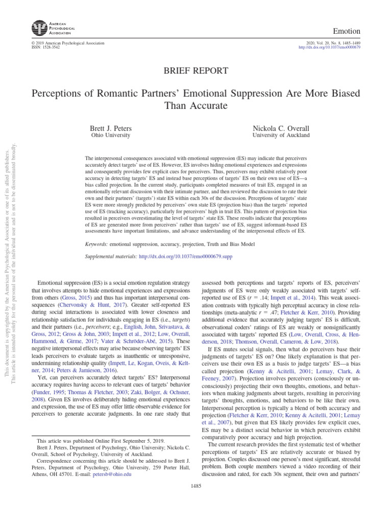 Ceptions of Romantic Partners' Emotional Suppression Are More Biased Than Accurate | PDF | Bias ...