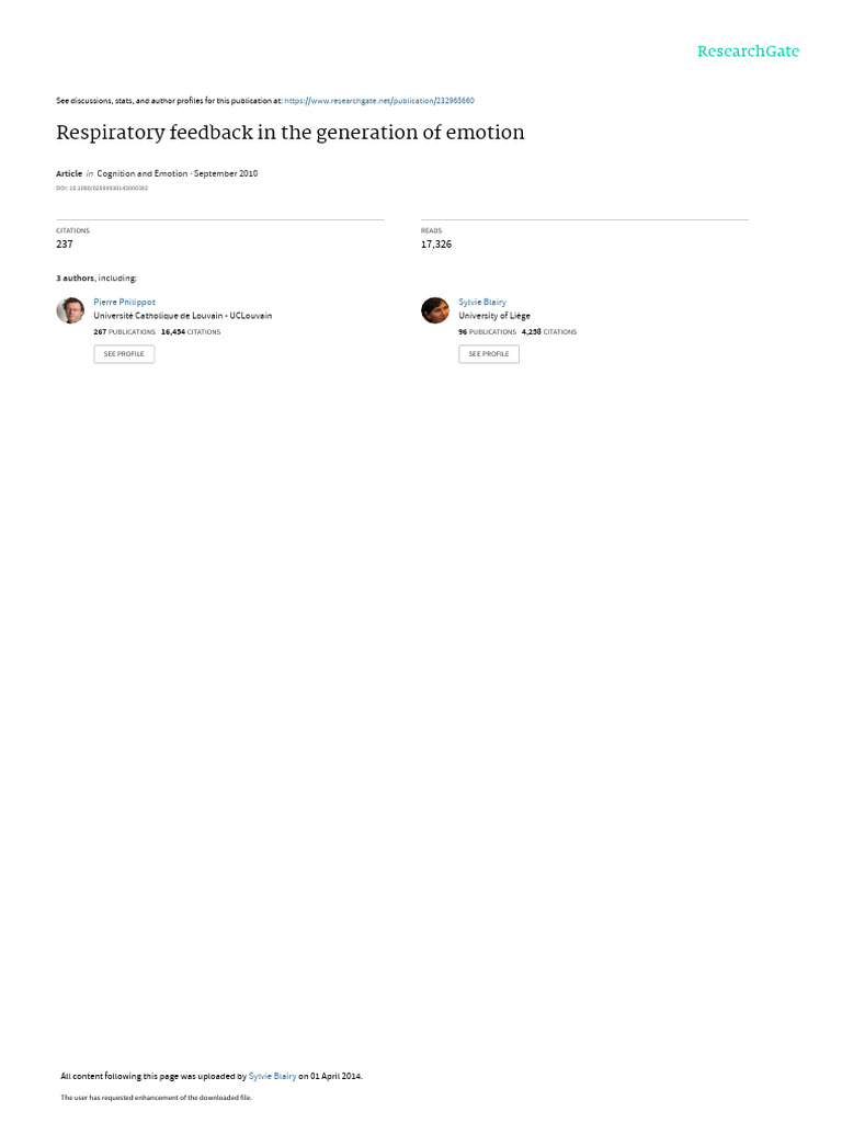 Respiratory Feedback in The Generation of Emotion | PDF | Emotions ...