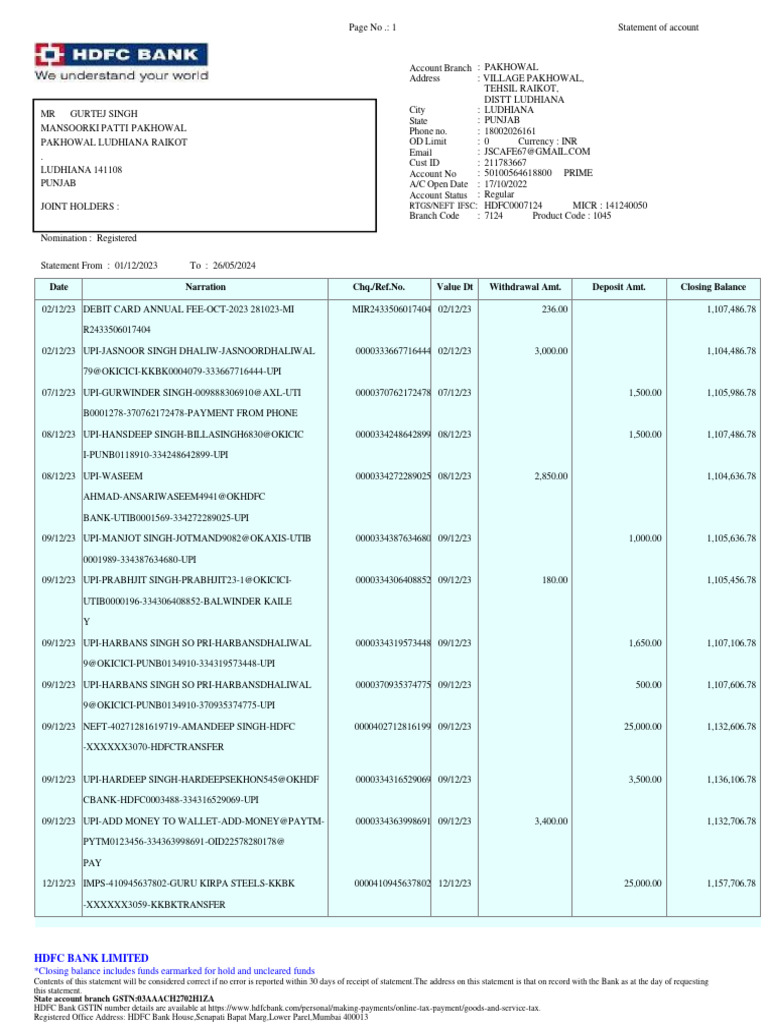 Bank statement hdfc GURTEJ | PDF | Financial Technology | Finance ...
