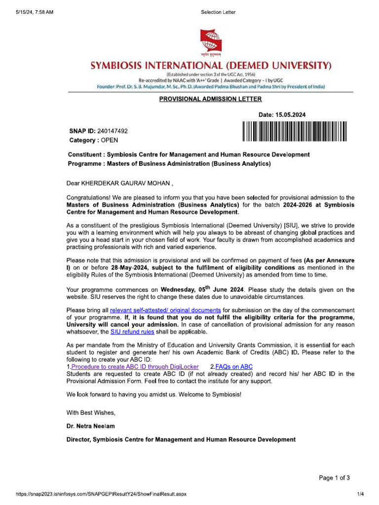 SCMHRD BA Admission Letter | PDF