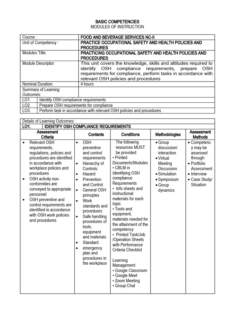 CBC - Module of Instruction Basic 7 | PDF | Occupational Safety And ...