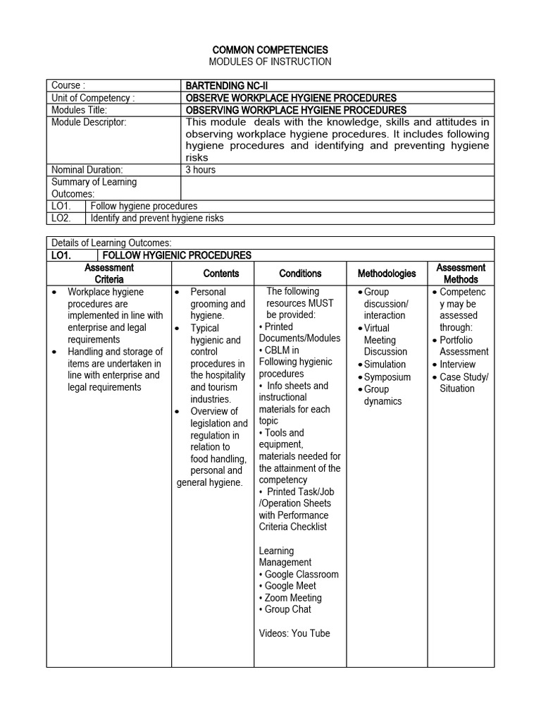 CBC - Module of Instruction Common 2 | PDF | Hygiene | Learning