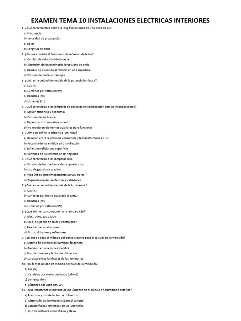 Examen Tema 10 Instalaciones Electricas Interiores | PDF | Diodo emisor de luz | Ligero