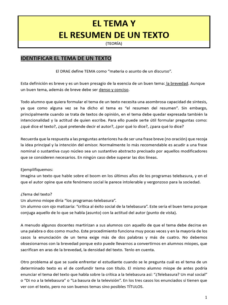 Tema y Resumen de un Texto | PDF | Amor | Verbo