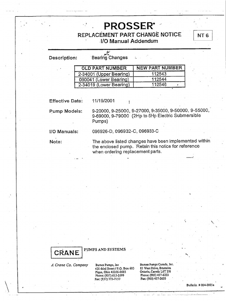 HSV - Prosser - Replacement Part Change Notice Submersible Dewatering ...