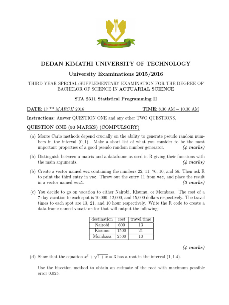 STA 2311 Statistical Prgramming II - MARCH2016 | PDF | Normal Distribution | Statistics