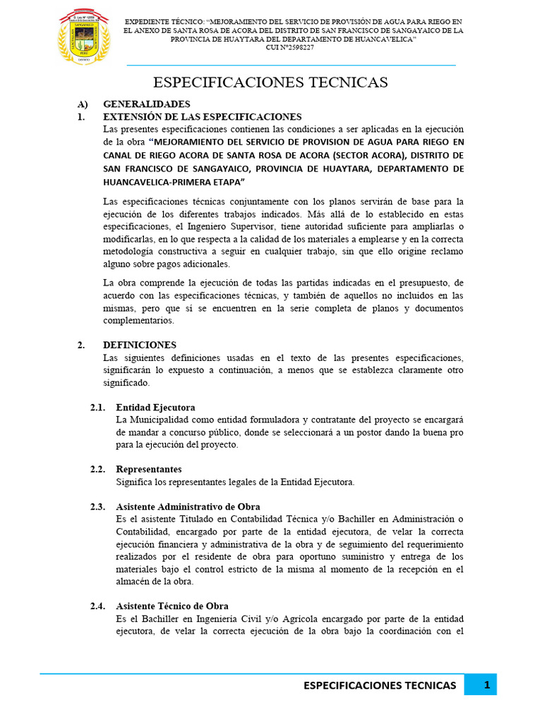 Especificacion Tecnica | PDF | Presupuesto | Agua