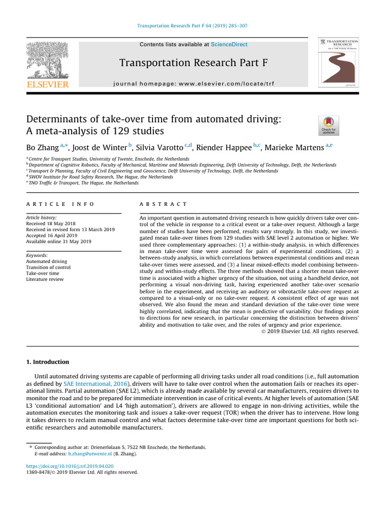 Determinants of Take-Over Time From Automated Driving | PDF | Meta ...