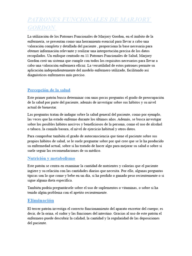 11 Patrones Funcionales de Marjory Gordon | PDF | Dormir | Enfermería