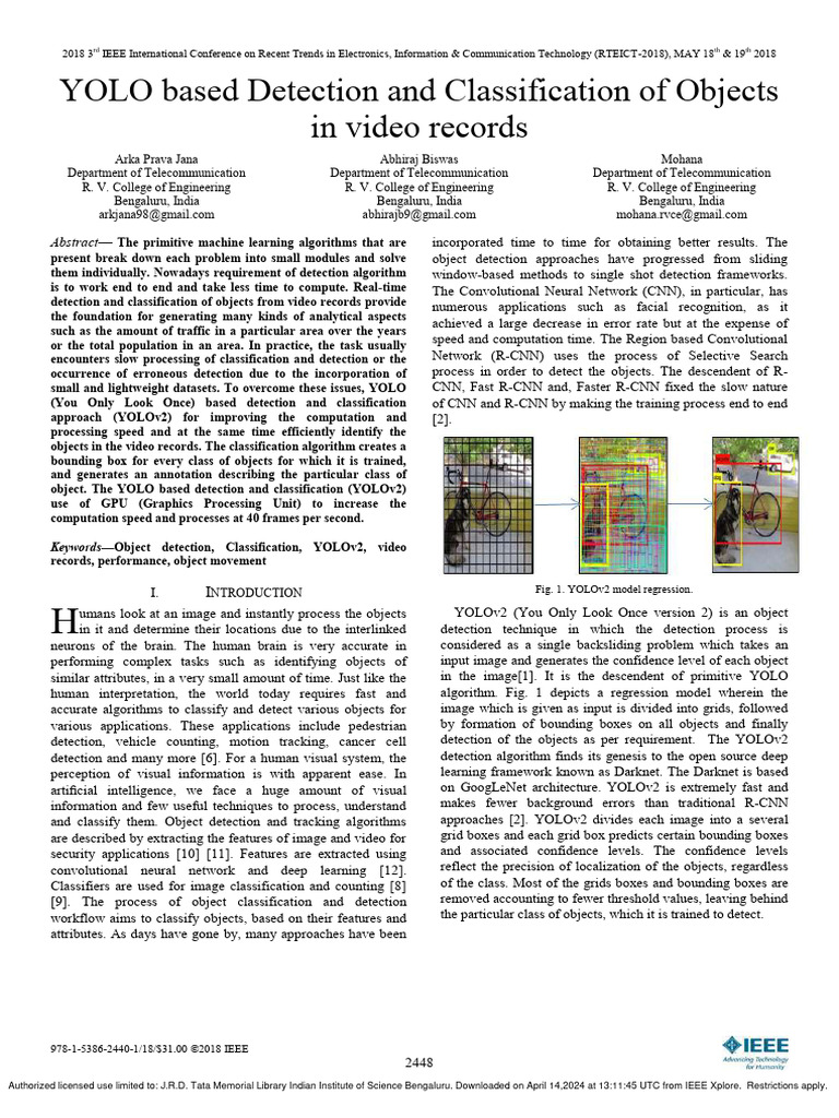 YOLO Based Detection and Classification of Objects in Video Records | PDF | Statistical ...