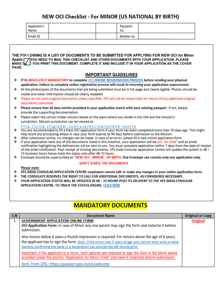 New OCI Application Checklist for Minors | PDF | Government And Personhood