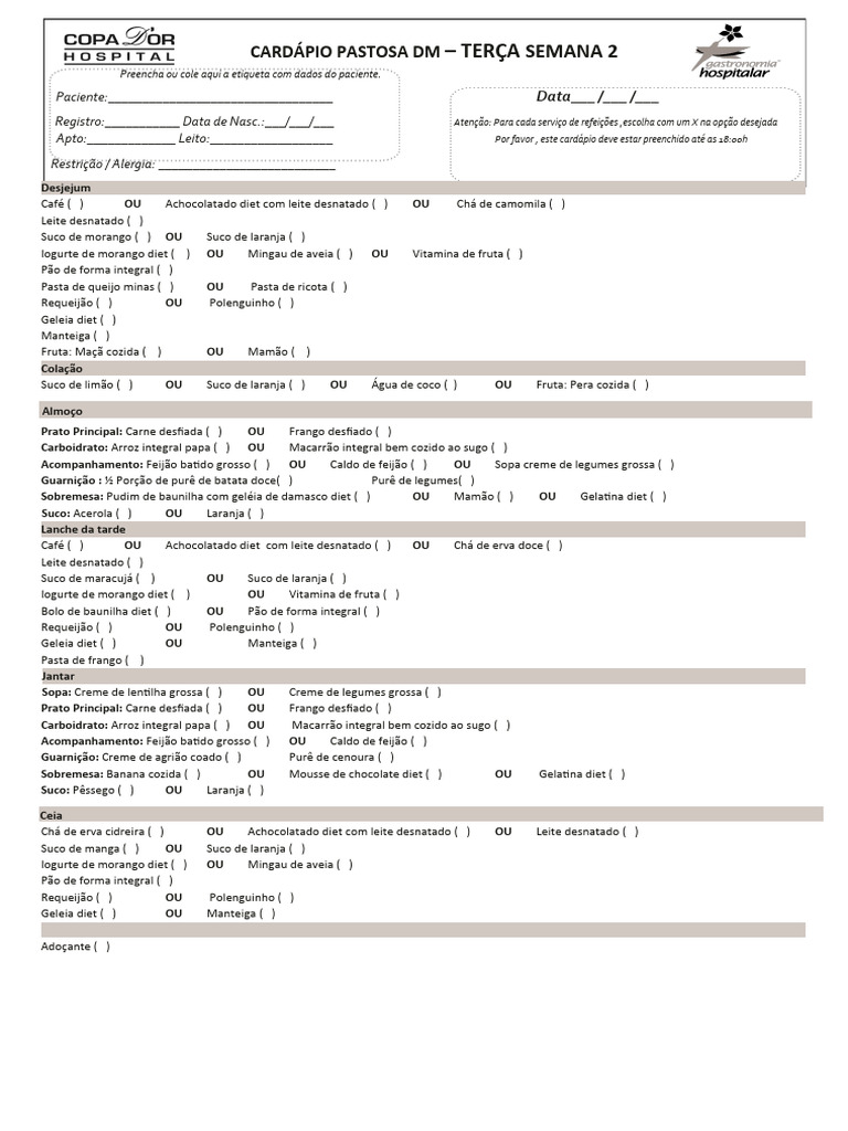 Cardápio Pastosa DM - Semana 2 | PDF | Compotas | Alimentos