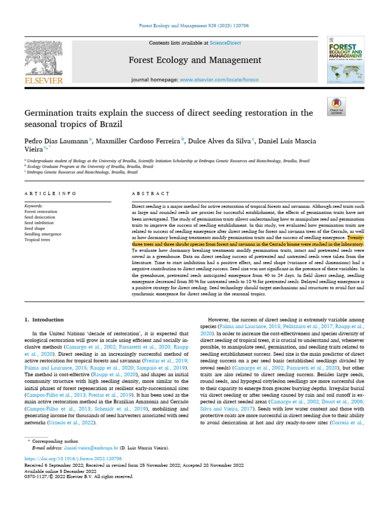 Germination Traits in Tropical Seed Restoration | PDF | Seed | Germination
