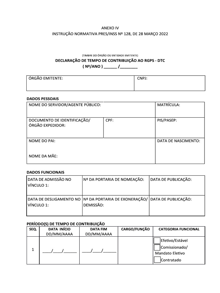 AnexoIV DECLARACAO DE TEMPO DE CONTRIBUICAO IN 128 | PDF AnexoIV DECLARACAO DE TEMPO DE CONTRIBUICAO IN 128 | PDF