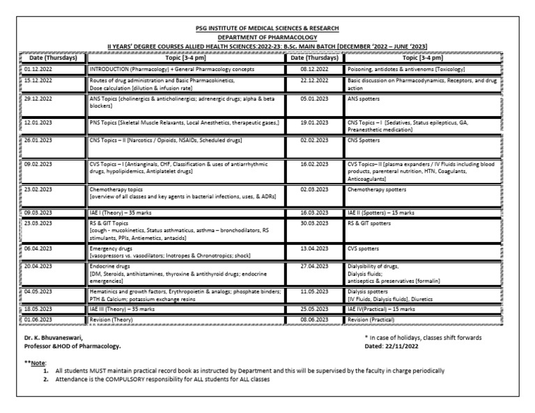 AHS Time Table 22.11.2022 | PDF | Pharmacology | Drugs