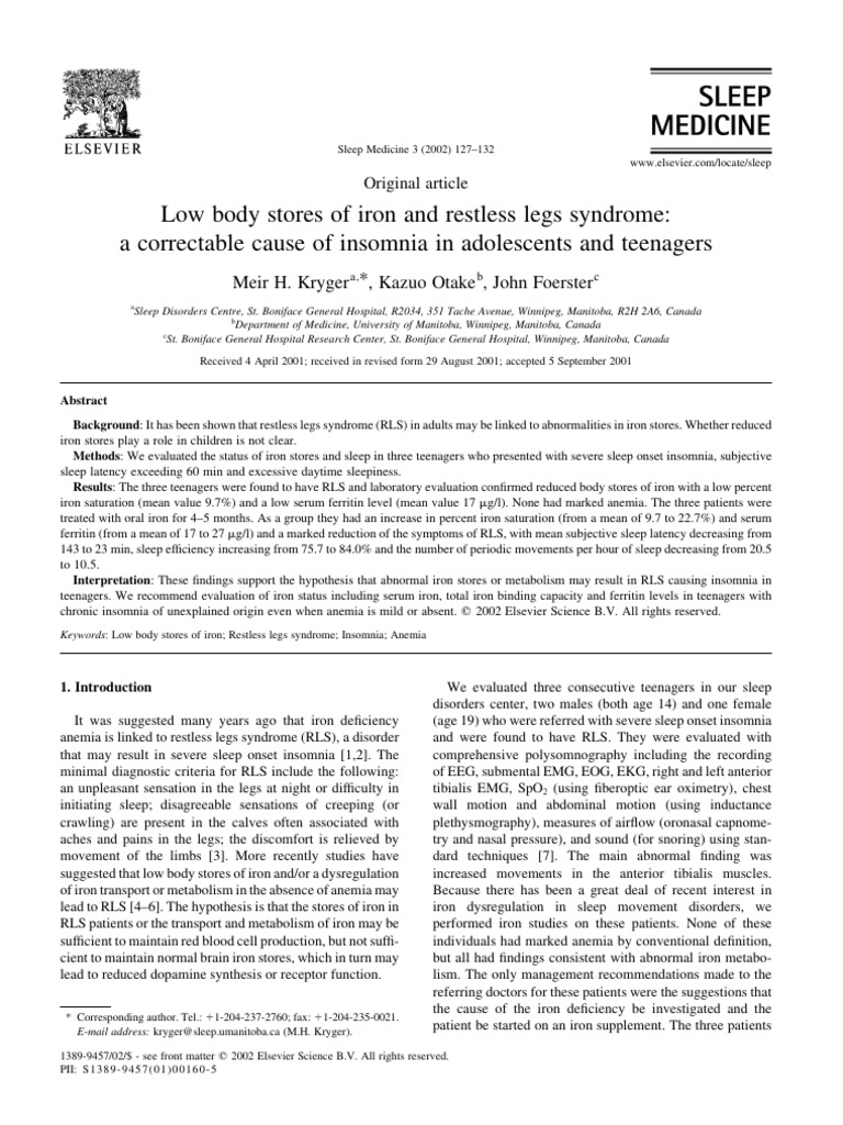 Low Body Stores of Iron and Restless Legs Syndrome A Correctable Cause ...