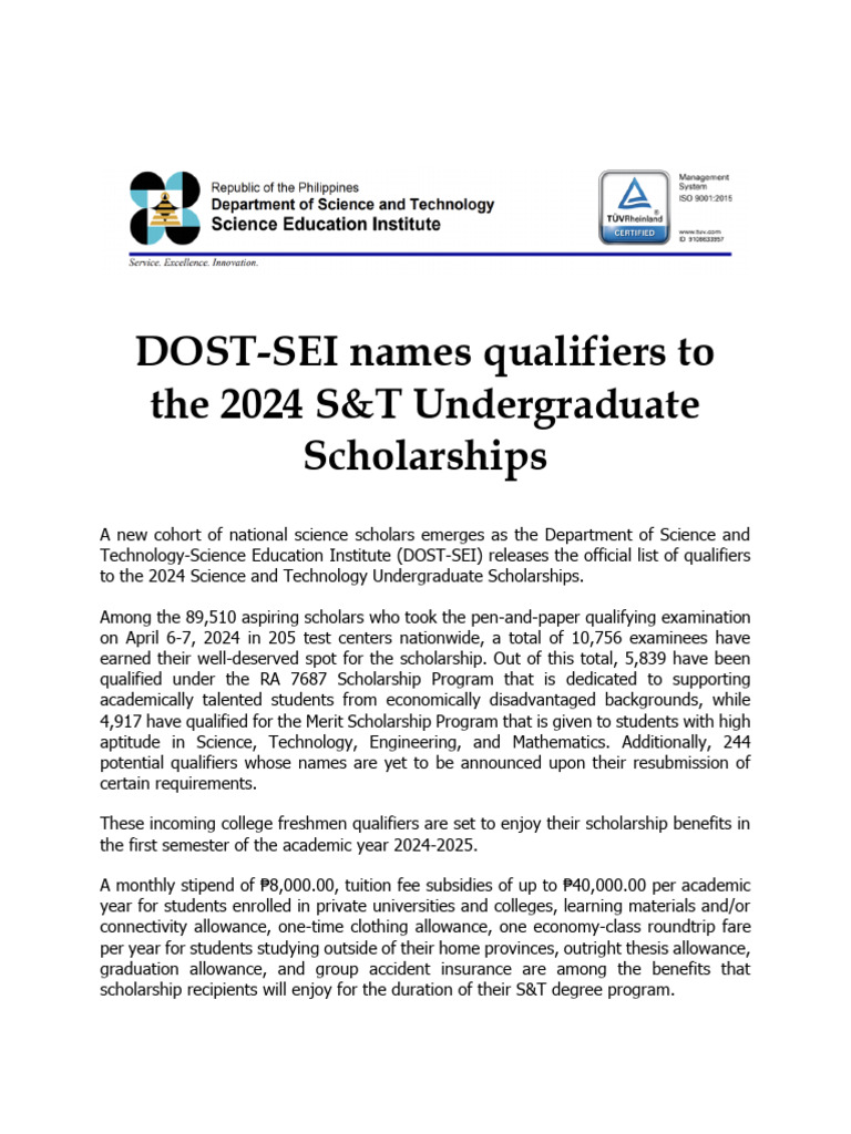 2024 St Undergraduate Scholarships Qualifiers Pdf Science