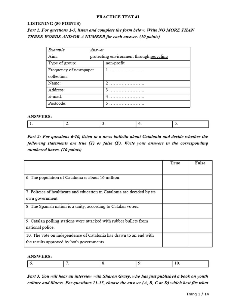 Example Answer: Practice Test 41 Listening (50 Points) | PDF | Earth ...