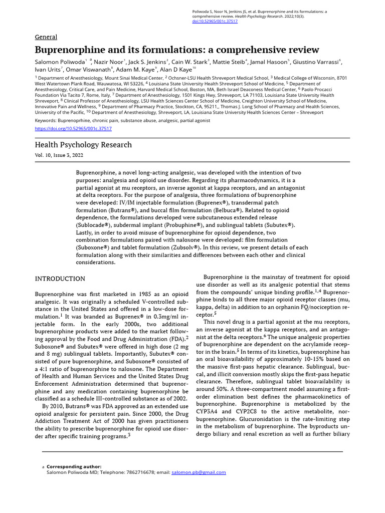 Buprenorphine and Its Formulations A Comprehensive Review | PDF ...