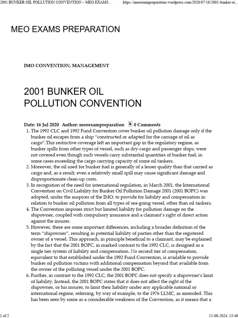 2001 Bunker Oil Pollution Convention - Meo Exams Preparation | PDF ...