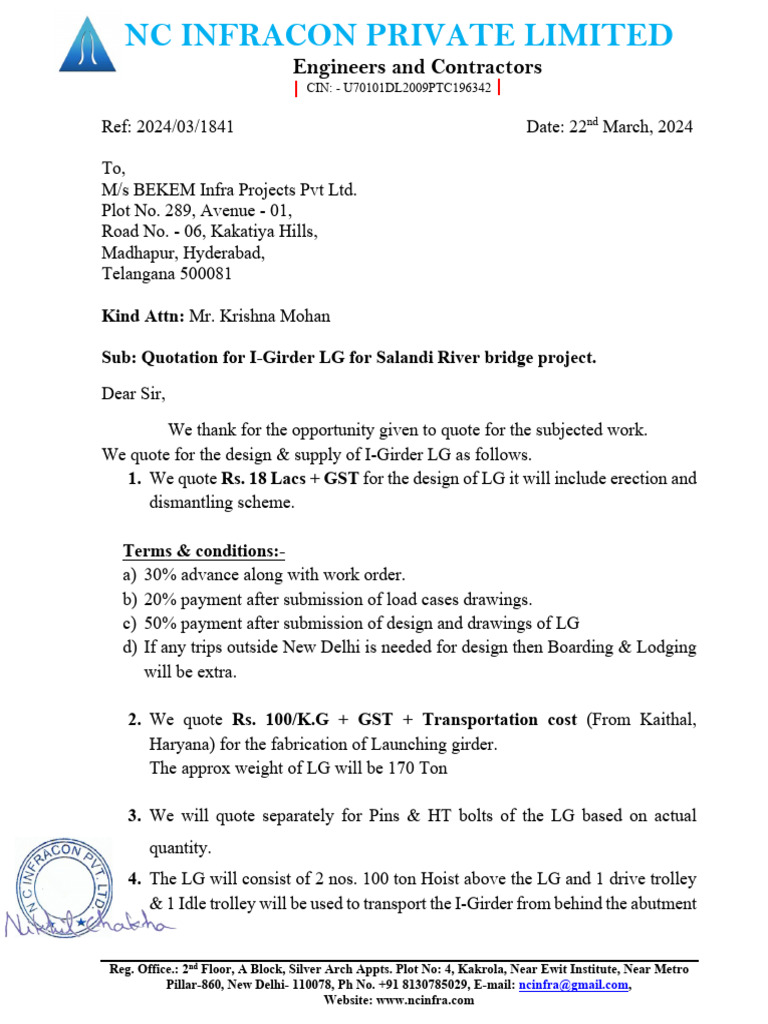 1841 Quotation For I-Girder LG For Salandi River Bridge Project | PDF