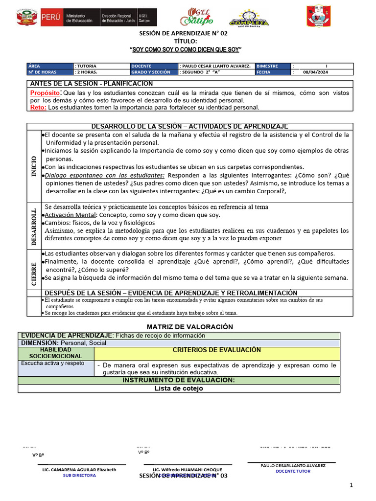 SESIÓN DE APRENDIZAJE TUTORIA Segundo 2024 | PDF | Evaluación | Aprendizaje
