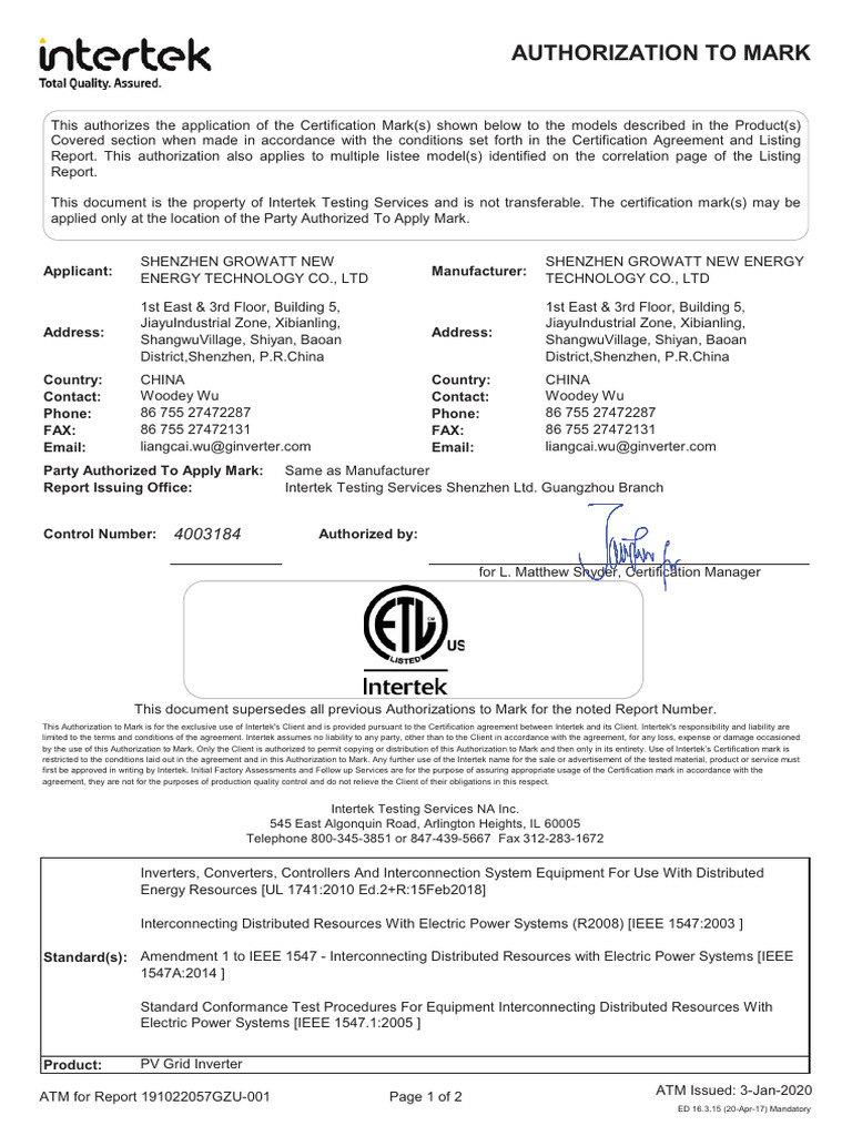 Authorization to Mark for Growatt Inverters | PDF