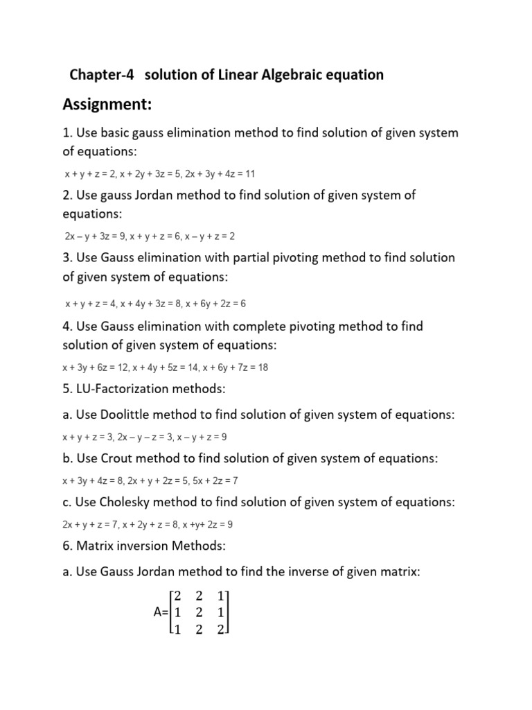 Chapter-4 Assignment Solution of Linear Algebraic Equation | PDF ... Chapter-4 Assignment Solution of Linear Algebraic Equation | PDF ...
