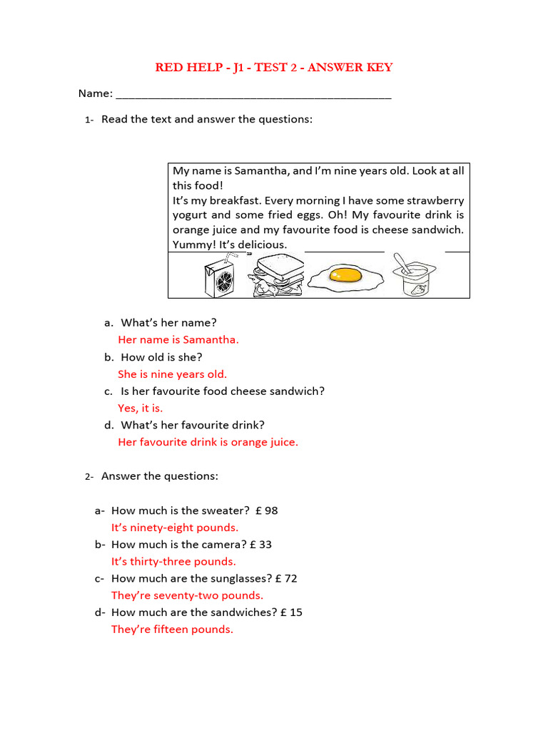 J1 Test 2 Answer Key Guide | PDF | Foods | Cuisine