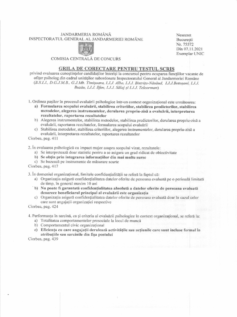 Grila de Corectare - Psihologie | PDF