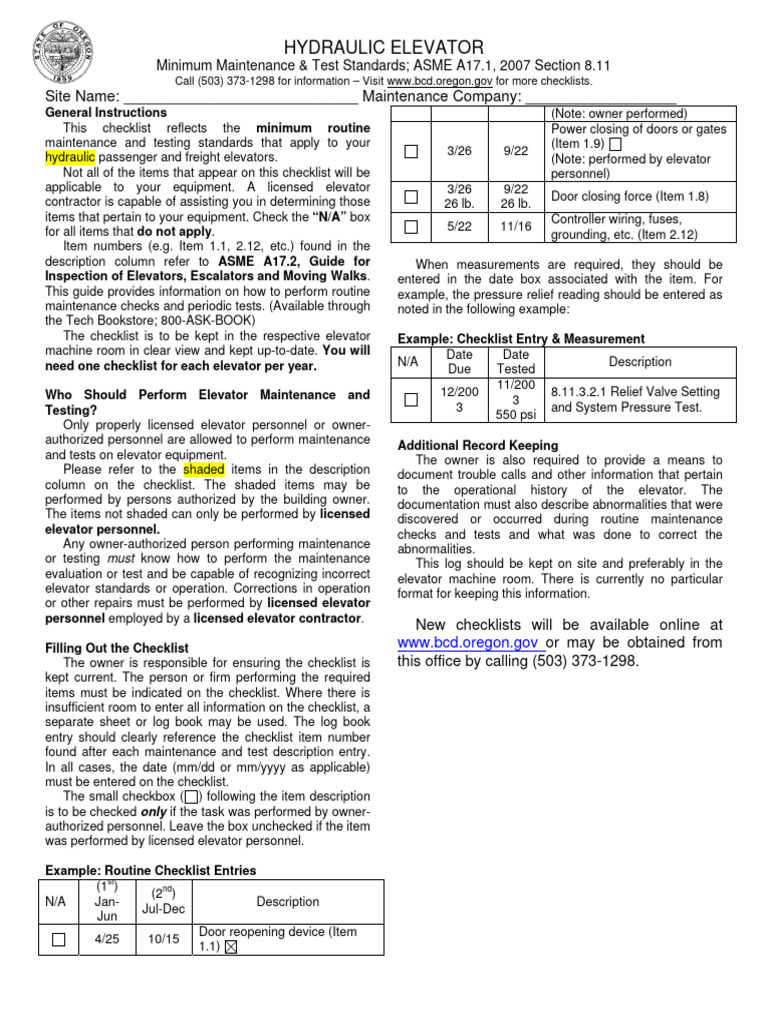 Hydraulic Checklist | Download Free PDF | Elevator | Door