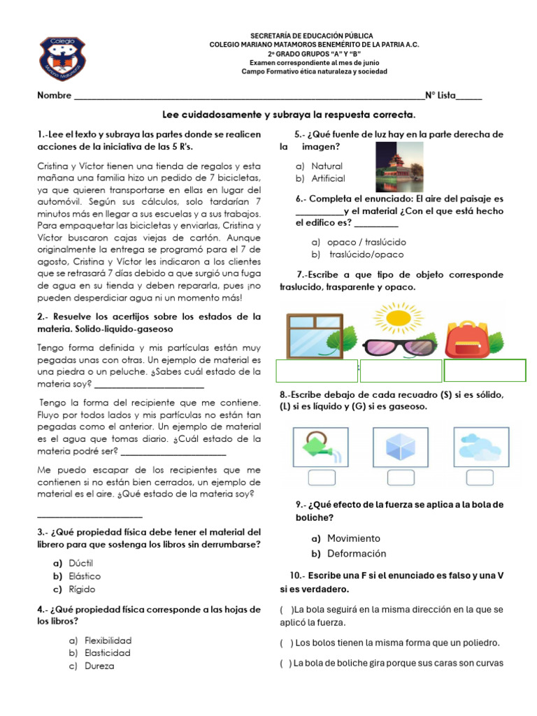 Examen de Ética y Ciencias 2° Grado | PDF | Importar | Física Aplicada ...