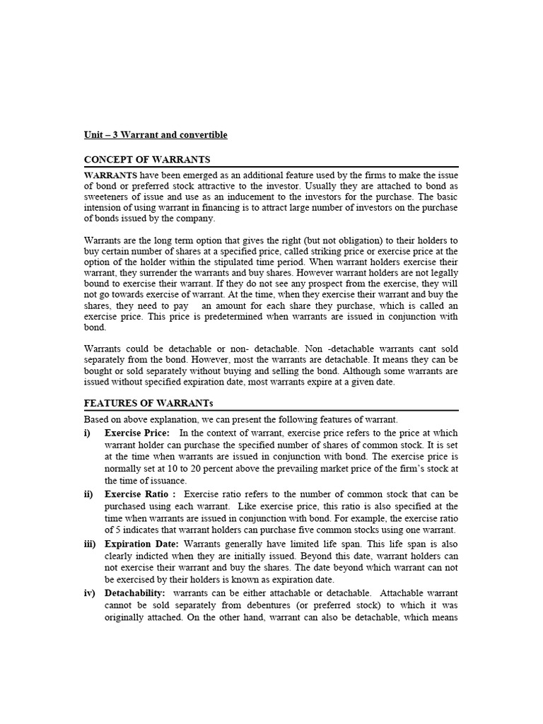 Unit - 3 Warrants and Convertibles | PDF | Stocks | Warrant (Finance)