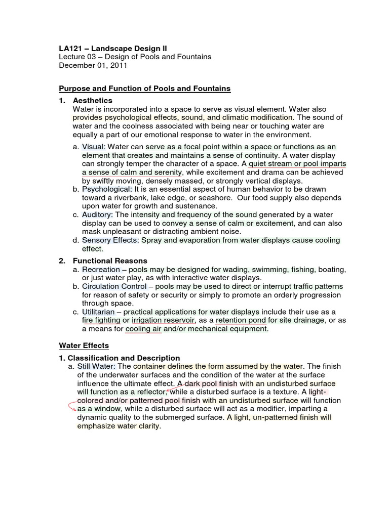 Lecture03 - DESIGN OF POOLS & FOUNTAINS | PDF | Water | Senses