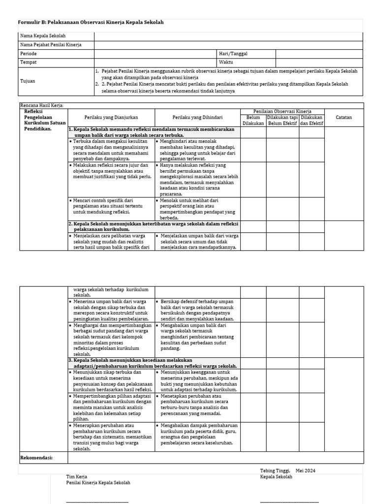 Form B5 Rubrik Refleksi Pengelolaan Kurikulum Satuan Pendidikan | PDF ...