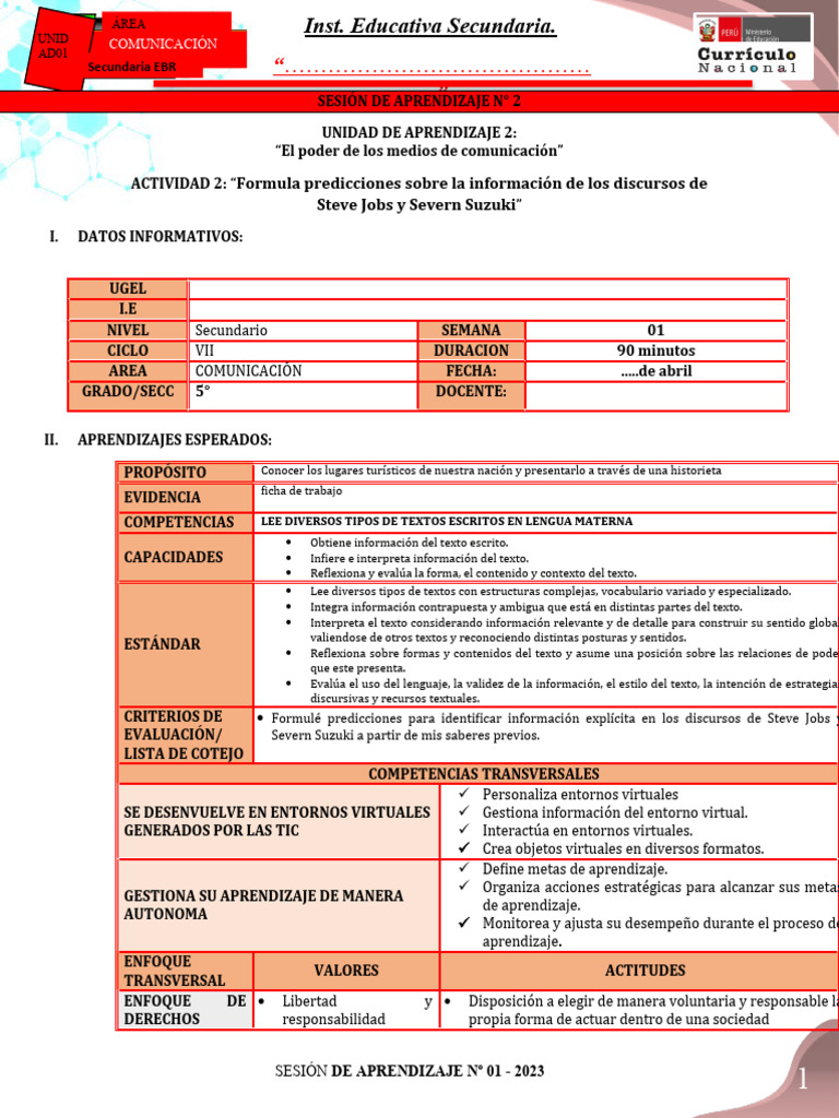 5 Com Ses 2 Un 2 Sem1 - 2023 | PDF | Aprendizaje
