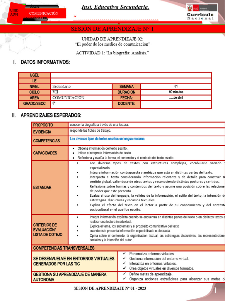 5º Com Ses 1 Un 2 Sem 01 - 2023 | PDF | Maestros | Aprendizaje